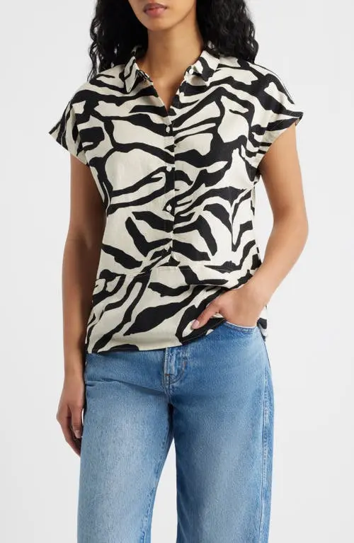 ICHI Animal Print Linen Blend Top - Black Multi
