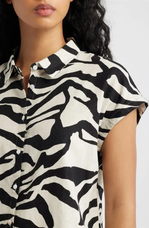 ICHI Animal Print Linen Blend Top
