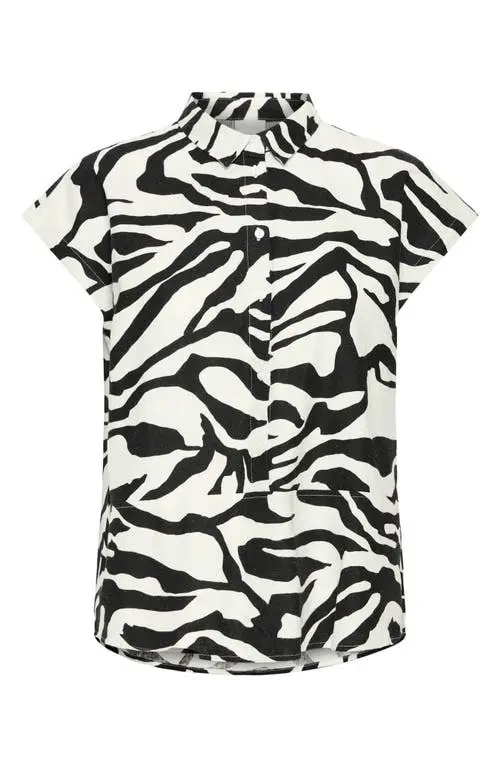 ICHI Animal Print Linen Blend Top