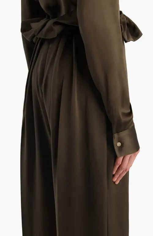 Khaite Kira Pleated Silk Wide-leg Pants - Dark Olive