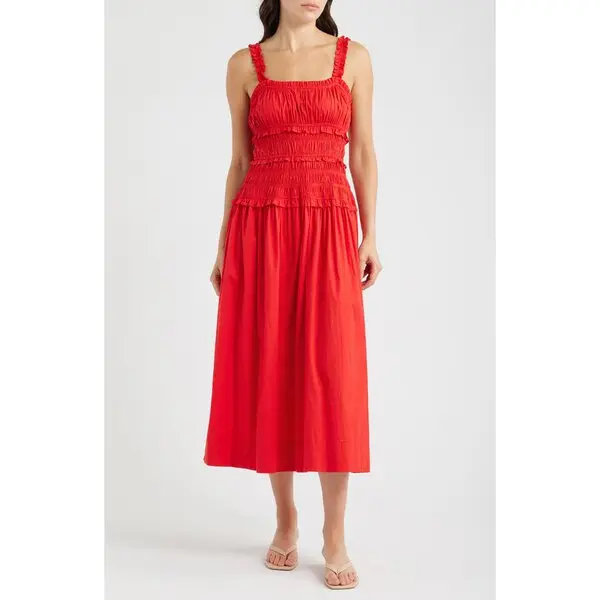 CECE DUPRAZ Ruffled Smocked Stretch Cotton Maxi Dress - Classic Cherry