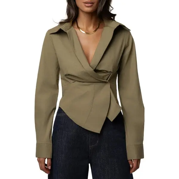 JLUXLABEL Asymmetrical Button-up Blouse - Olive
