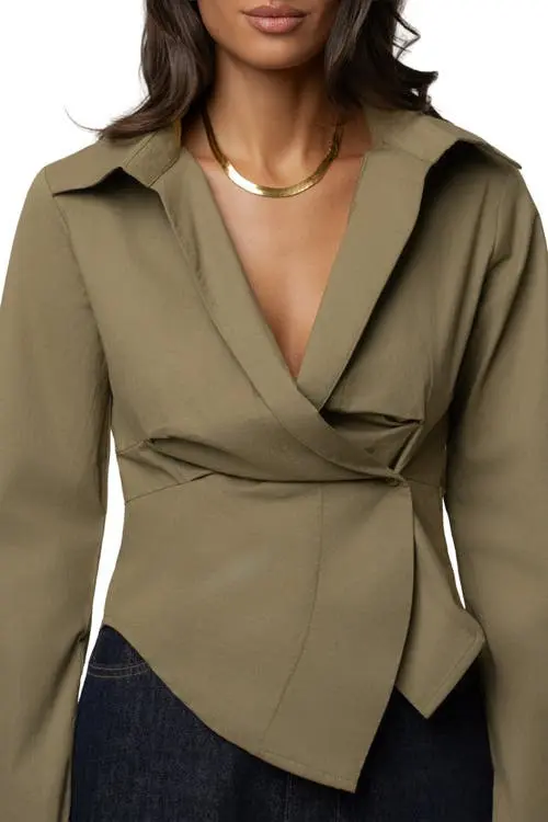 JLUXLABEL Asymmetrical Button-up Blouse - Olive