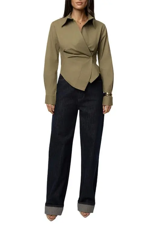 JLUXLABEL Asymmetrical Button-up Blouse - Olive