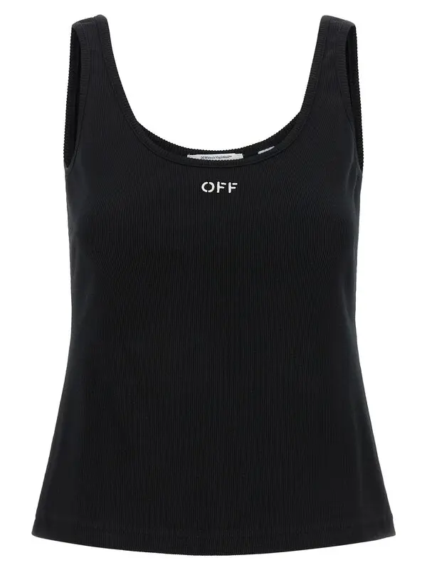 Off-White Ribbed Cotton Tank Top With Embroidered Logo - Black