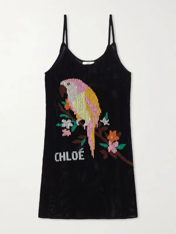 Chloé Embroidered Crocheted Cotton Mini Dress - Black