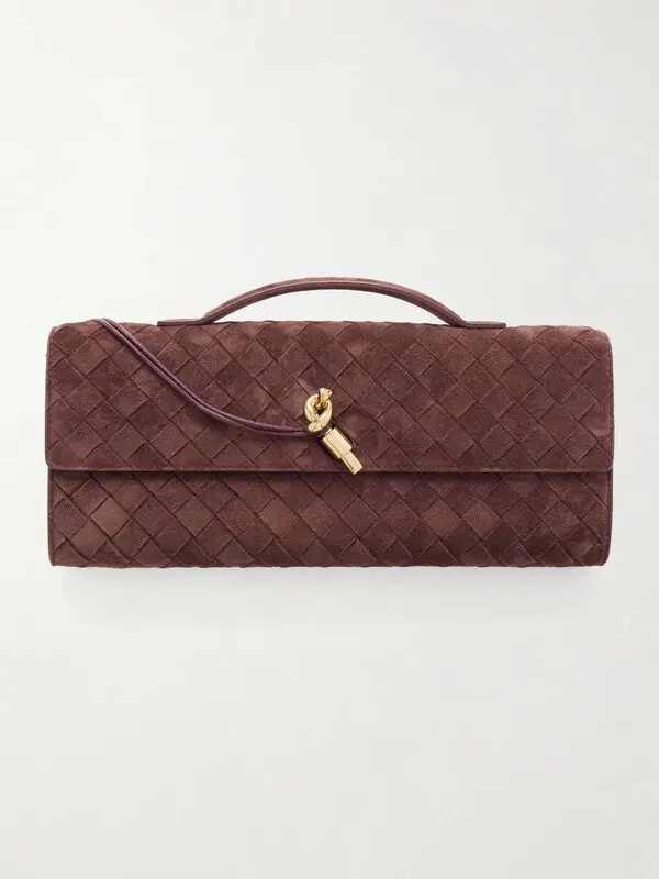Bottega Veneta Andiamo Long Intrecciato Suede Clutch - Brown