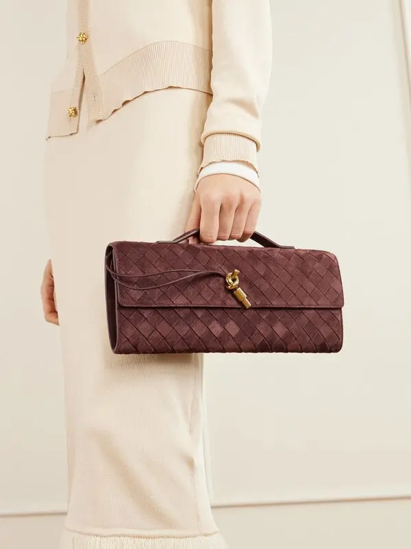 Bottega Veneta Andiamo Long Intrecciato Suede Clutch - Brown