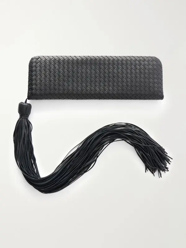 Bottega Veneta Serata Intrecciato Plume Tassel Leather Clutch - Black