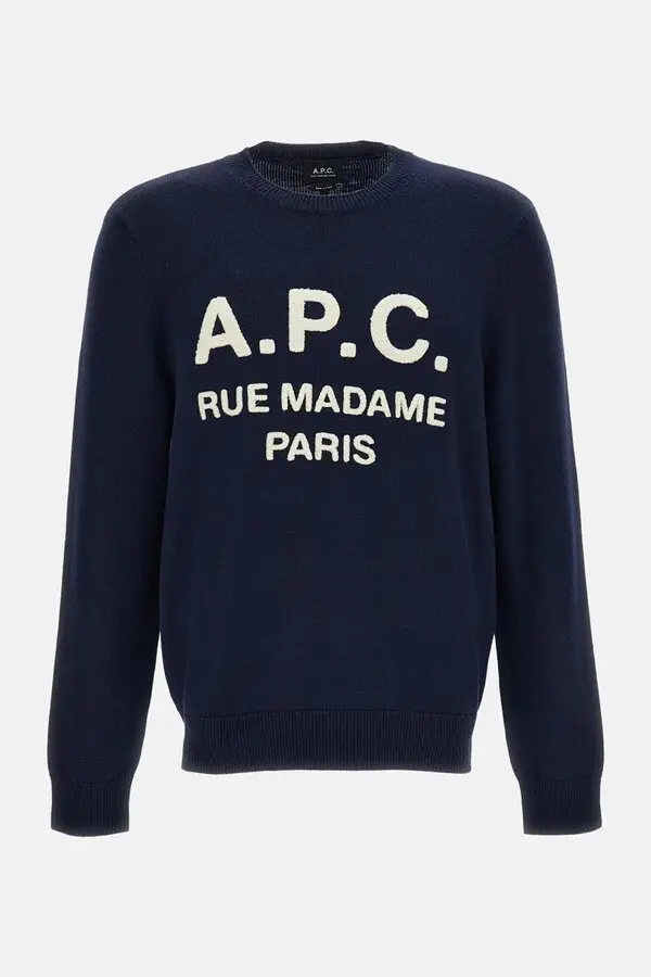 A.p.c. Long-sleeved Crew-neck Wool Sweater With Embroidered Logo - Blu