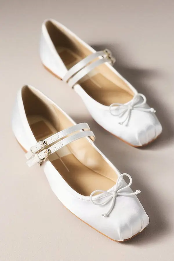 Dolce Vita Gibsen Satin Ballet Flats With Double Buckle Detail - White