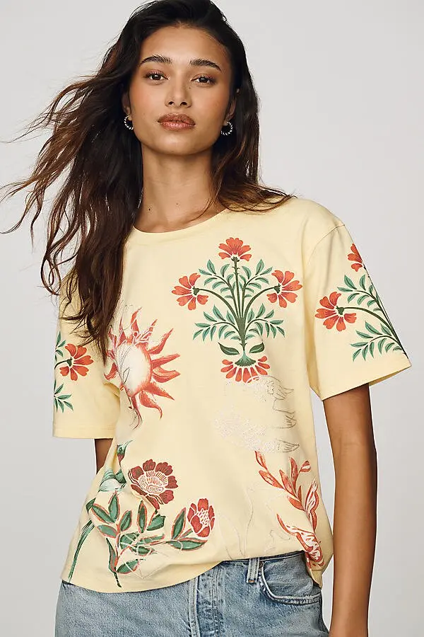 RAISONNEL Cotton Embroidered Tee - Yellow Pattern