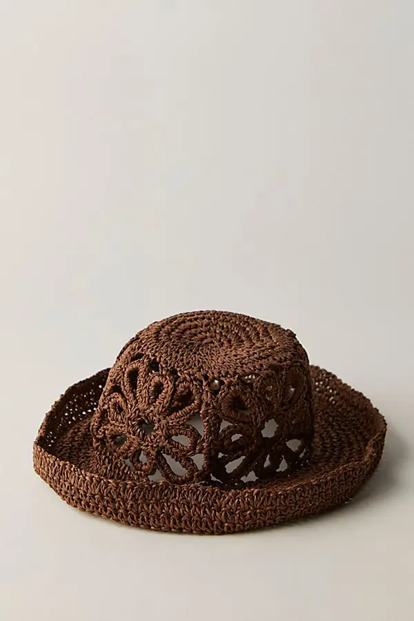 Free People Daisy Crochet Straw Bucket Hat - Coffee