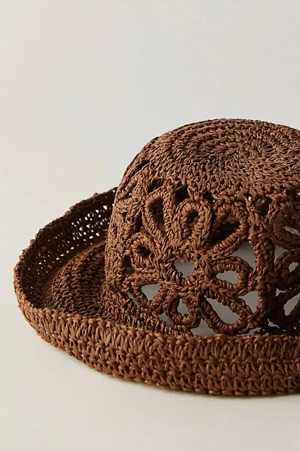 Free People Daisy Crochet Straw Bucket Hat - Coffee