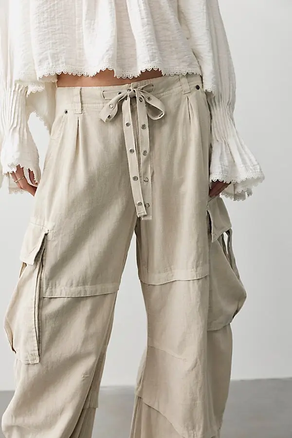 Free People We The Free Reef Curved Linen Cargo Pants - Birch