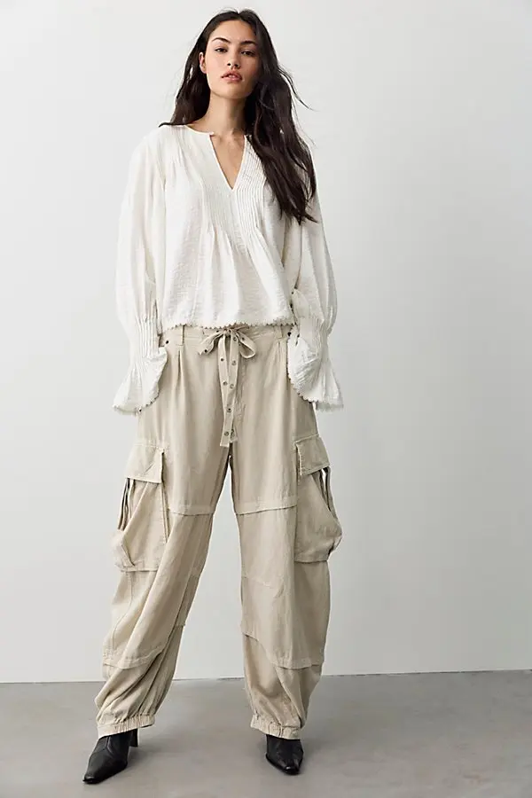 Free People We The Free Reef Curved Linen Cargo Pants - Birch