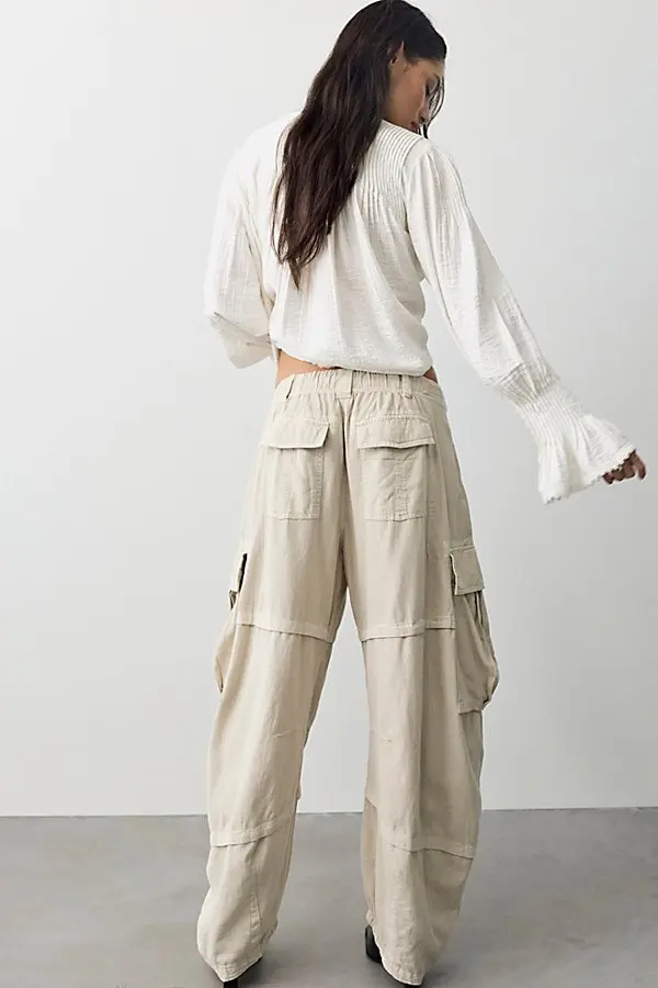 Free People Reef Curved Linen Cargo Pants - Birch