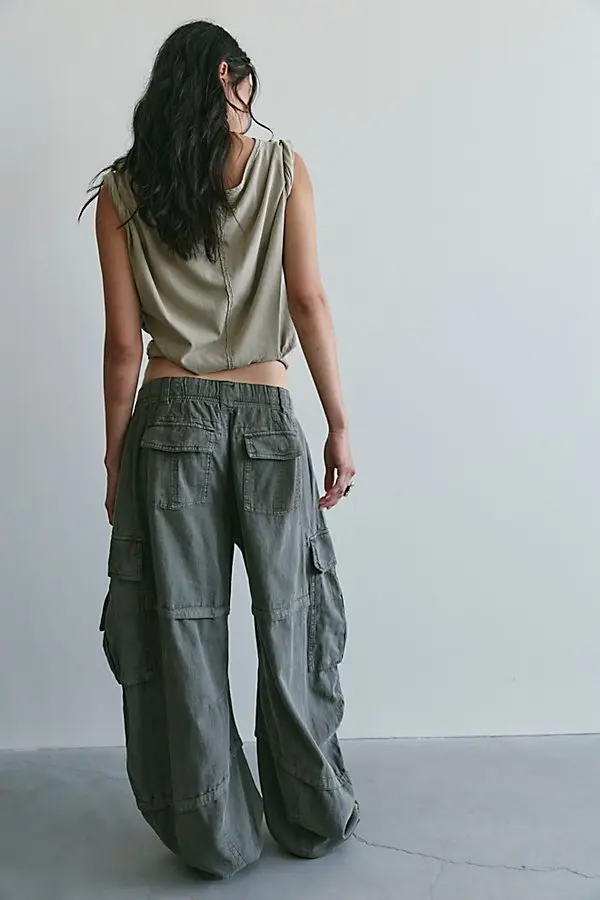 Free People We The Free Reef Curved Linen Cargo Pants - Forest Shadow