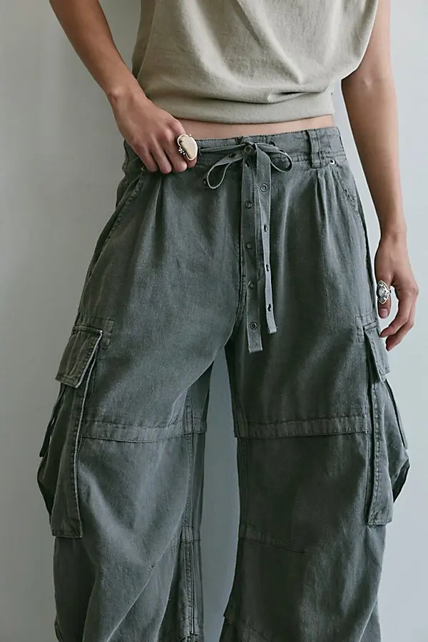 Free People We The Free Reef Curved Linen Cargo Pants - Forest Shadow
