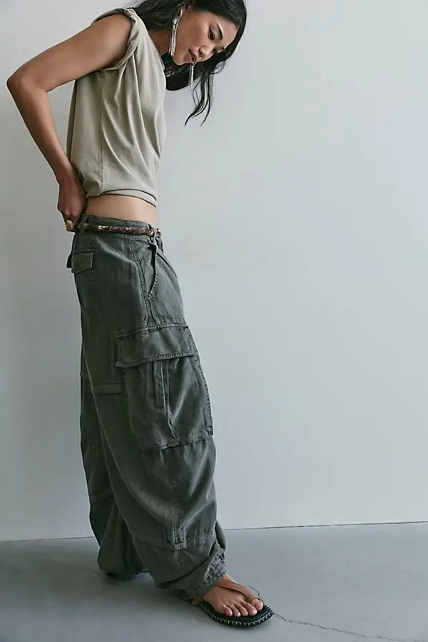 Free People We The Free Reef Curved Linen Cargo Pants - Forest Shadow