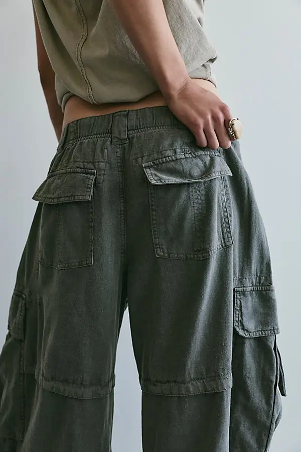 Free People We The Free Reef Curved Linen Cargo Pants - Forest Shadow