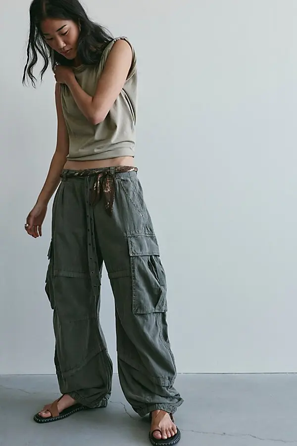 Free People We The Free Reef Curved Linen Cargo Pants - Forest Shadow