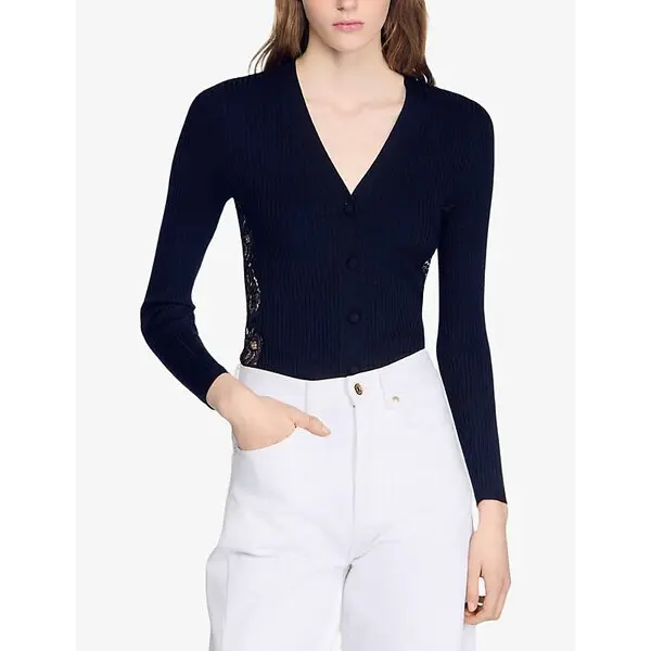Sandro V-neck Lace-panel Knitted Cardigan