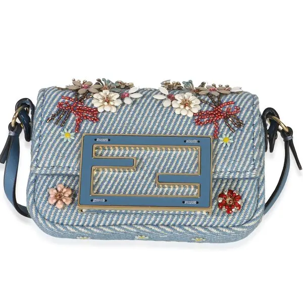 Fendi Twill Bead Embellished Floral Nano Baguette - Blue