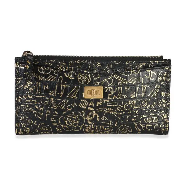 Chanel Gold Calfskin Crocodile Embossed Graffiti 2.55 Cocodile Reissue Zip - Black