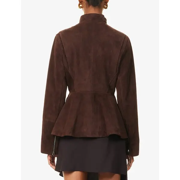 Alaïa Stand Collar Peplum Suede Jacket - Chocolat