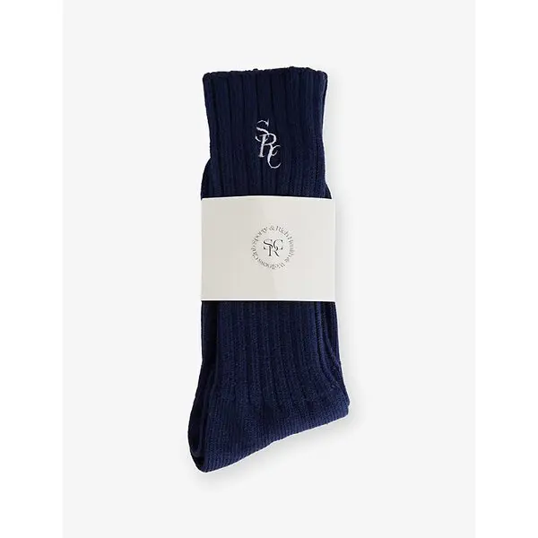 SPORTY & RICH Embroidered Rib-knit Crew Socks - Navy