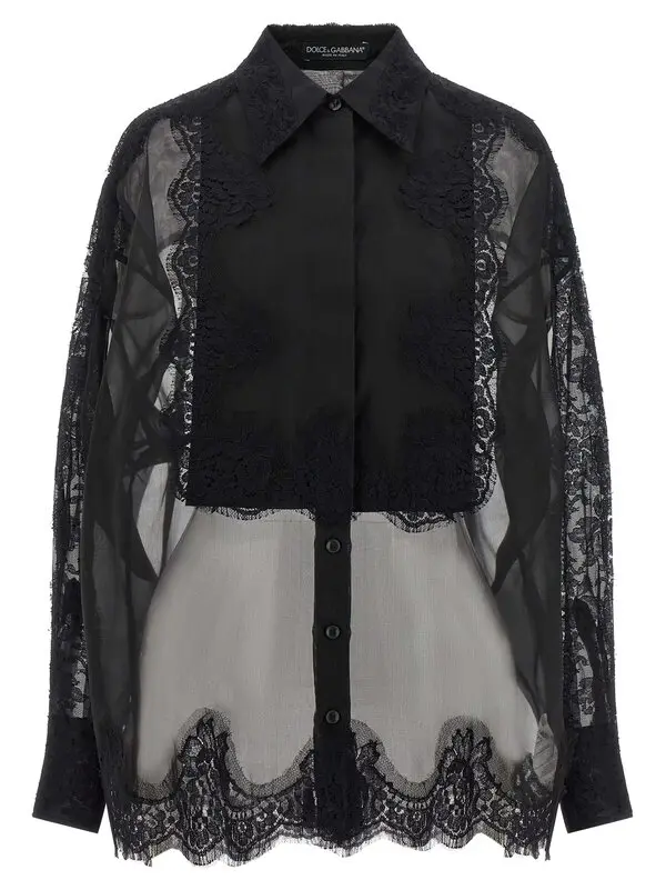 Dolce & Gabbana Silk And Cotton Blend Shirt With Lace Inserts - Black