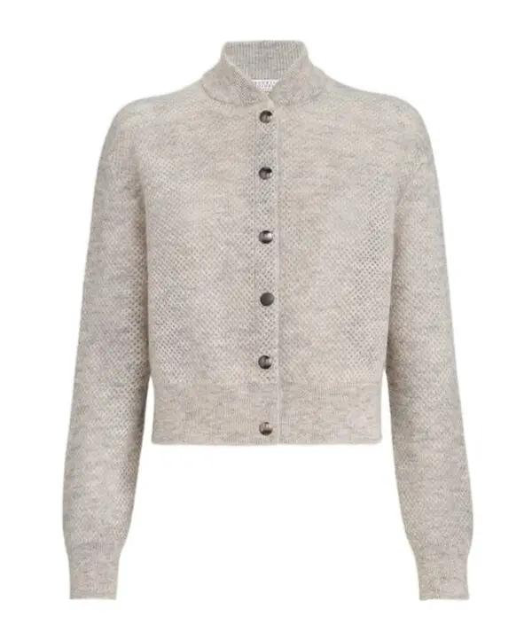 Brunello Cucinelli Ribbed Mesh Knit Bomber Cardigan - Light Gray