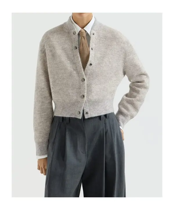 Brunello Cucinelli Ribbed Mesh Knit Bomber Cardigan