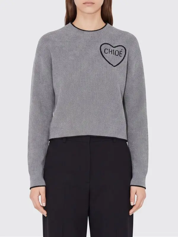 Chloé Logo Heart Intarsia Knit Sweater - Gray