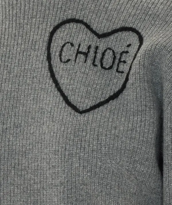 Chloé Logo Heart Intarsia Knit Sweater - Gray