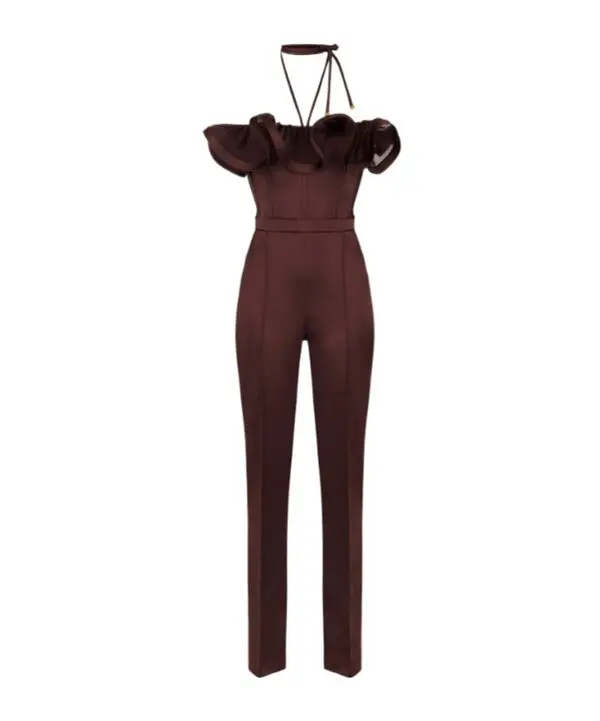 Elisabetta Franchi Maxi Ruffled Stretch Satin Jumpsuit - Cocoa