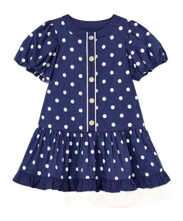 SELF-PORTRAIT Navy Polka Dot Cotton Printed Dress - Blue