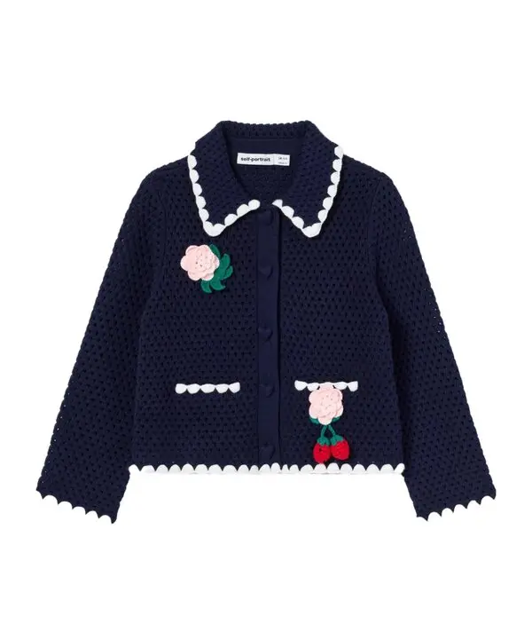 SELF-PORTRAIT Navy Crochet Knitted Cardigan - Black