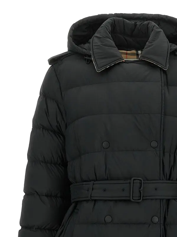 Burberry Double Breasted Belted Quilted Down Coat With Hood