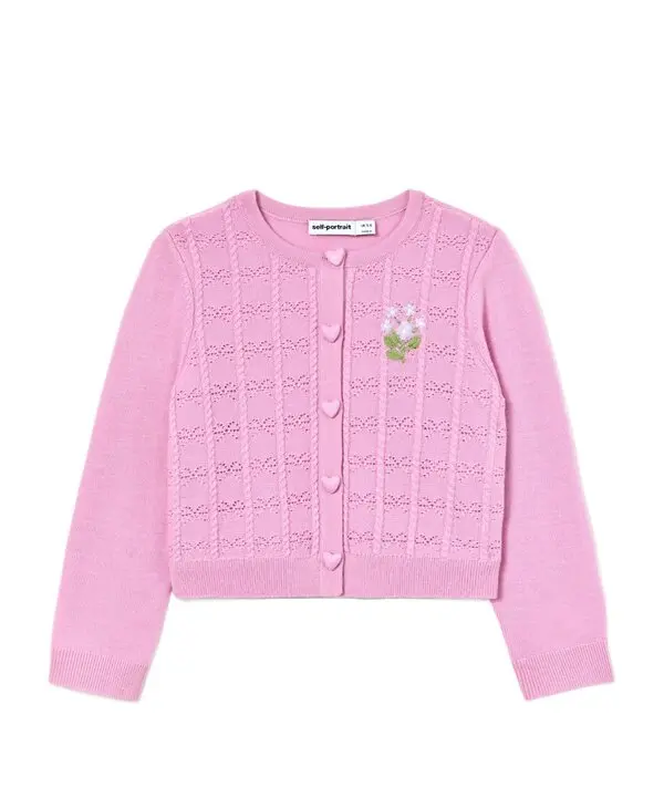 SELF-PORTRAIT Wool Bow Openwork Knit Cardigan - Pink