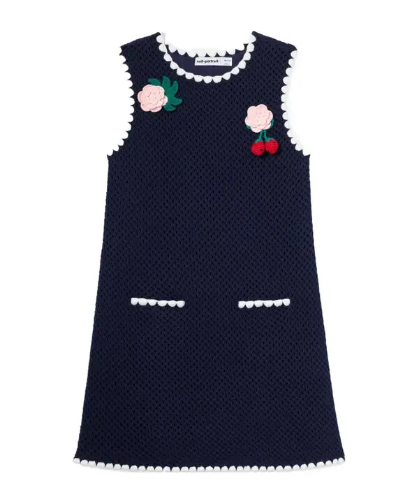 SELF-PORTRAIT Crocheted Dress With Floral Appliques - Navy