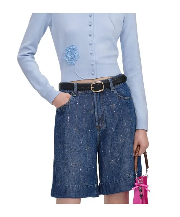 SELF-PORTRAIT Rhinestone Striped Denim Shorts - Blue