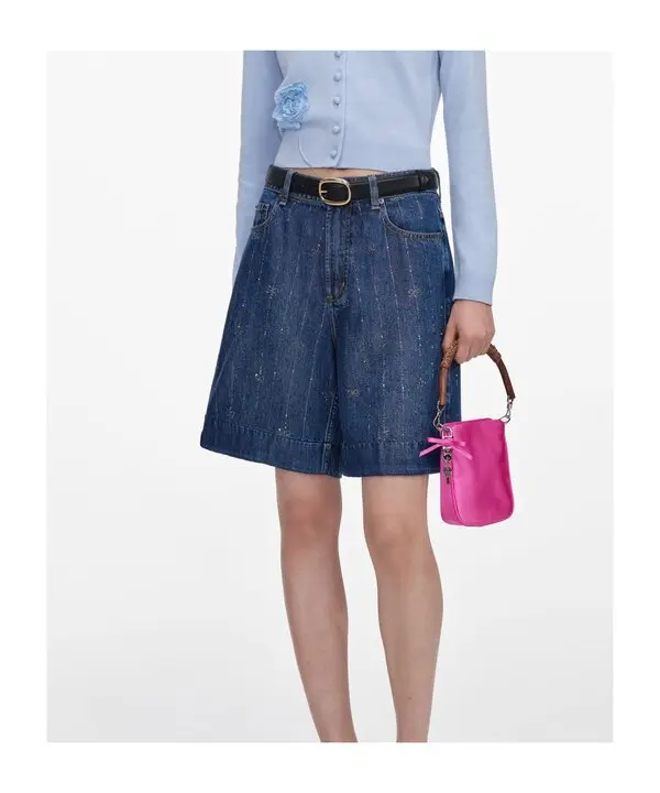 SELF-PORTRAIT Rhinestone Striped Denim Shorts