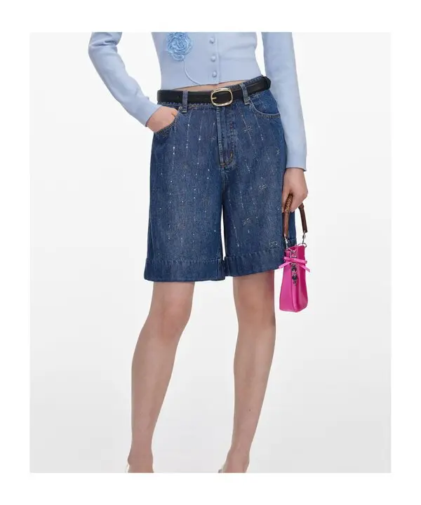 SELF-PORTRAIT Rhinestone Striped Denim Shorts