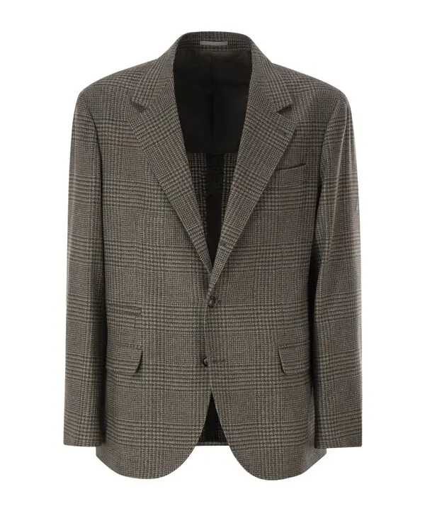 Brunello Cucinelli Prince Of Wales Wool And Cashmere Blazer With Tailored Construction - Black
