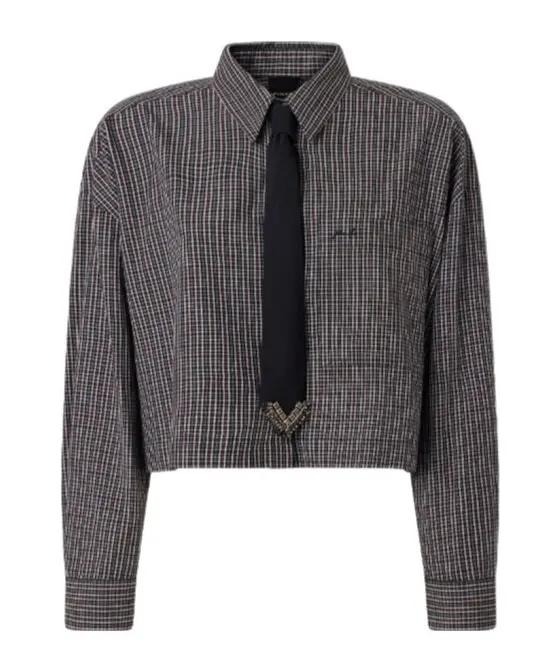 Pinko Cropped Check Shirt With Tie - Black