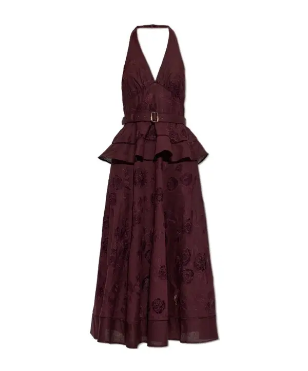 SELF-PORTRAIT Floral-embroidered Midi Dress - Brown