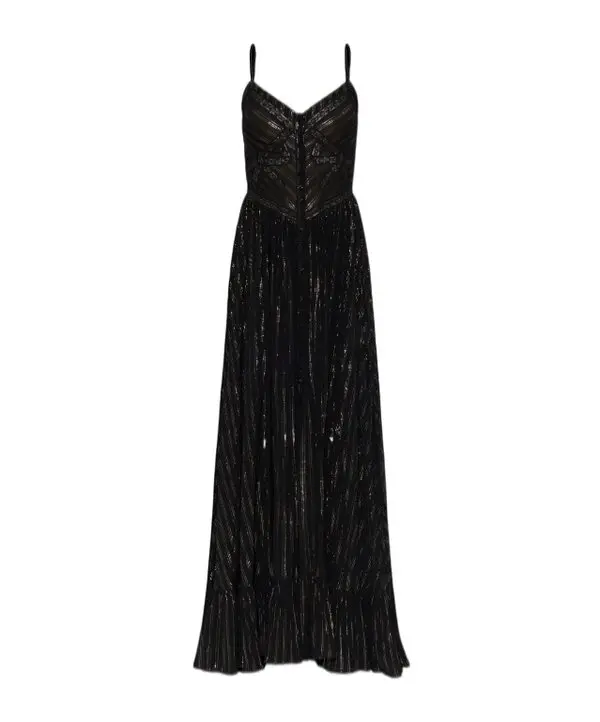 SELF-PORTRAIT Pleated Maxi Dress With Lace Trim - Black