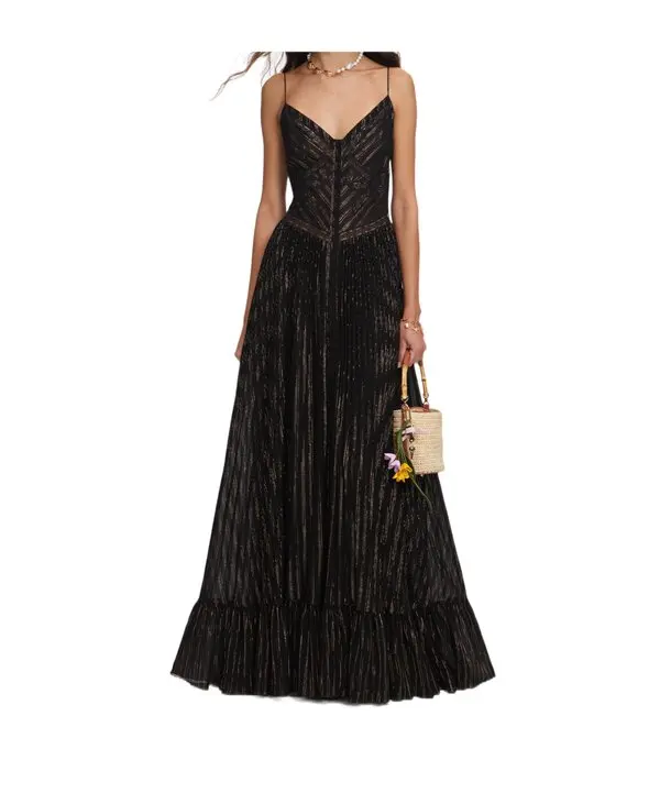 SELF-PORTRAIT Pleated Maxi Dress With Lace Trim